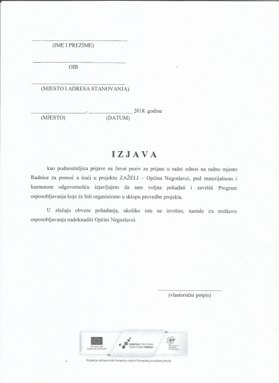 Izjava podnositeljice prijave za otvoreni Natječaj za zapošljavanje u okviru projekta “Zaželi ...